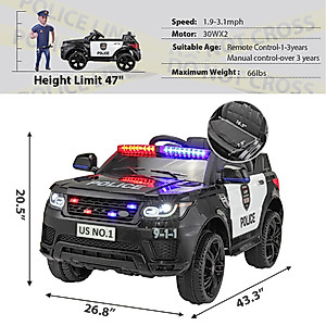 Police Car Ride On TOBBI Kid Car Cop Car for Kids to Drive with Parent Remote 12V Big Police Car Toys for Boys Toddler Electric Police Cars for Kids Ages 3-6 with Lights and Siren, Black