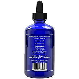Radha Beauty Argan Oil USDA Certified Organic, 4 oz. - 100% Pure Cold Pressed Moisturizing, Rejuvenating Oil for Face, Skin, Hair, Men & Women