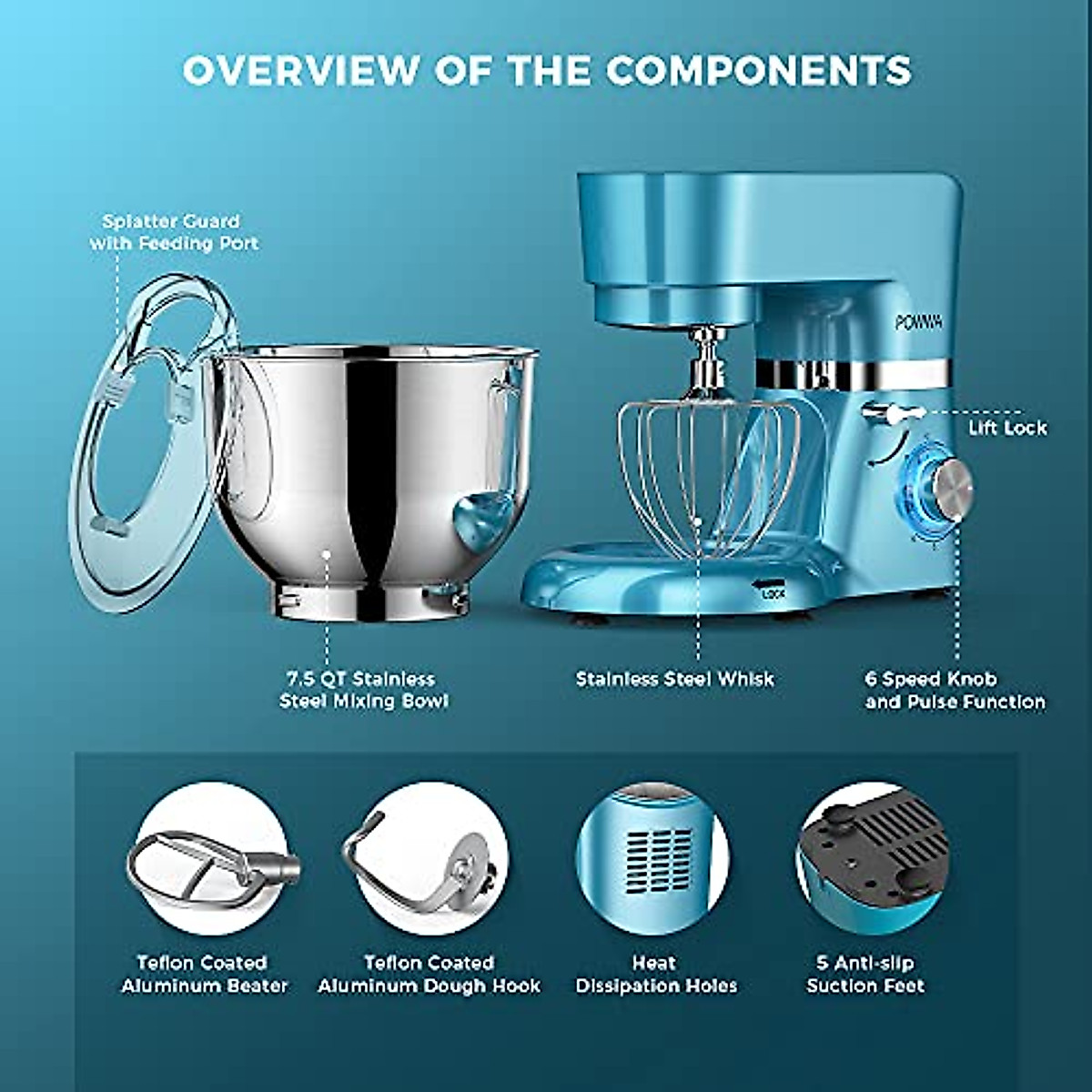 Stand Mixer, POWWA 7.5 QT Electric Mixer, 6+P Speed 660W Household Tilt-Head Kitchen Food Mixers with Whisk, Dough Hook, Mixing Beater & Splash Guard for Baking, Cake, Cookie, Kneading, ETL Certified (Blue--NO Handle)