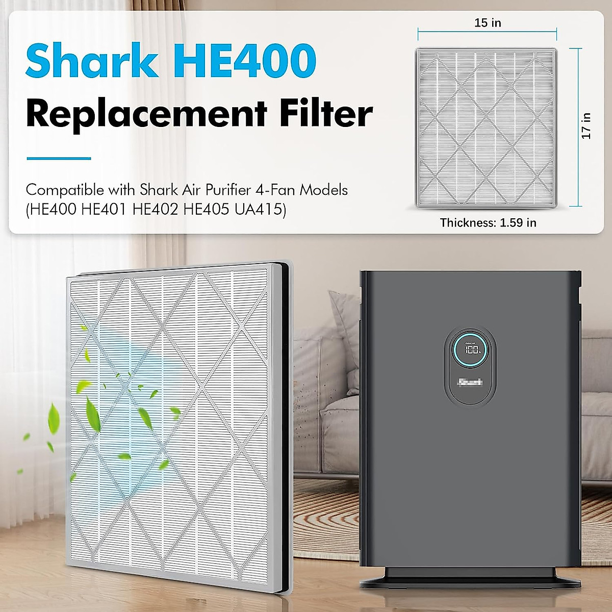 1 Pack HE401 Filter Replacement for Shark Air Purifier 4, HE401 HE402 HE405 HE400 Filter with Pre-Filter, Activated Carbon Filter and H13 True HEPA Filter
