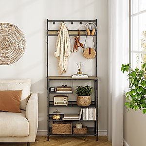 Hoctieon 5-Tier Hall Tree with Shoe Rack, Hall Trees for Entryway with Storage, Hall Tree with Bench and Shoe Storage, Mesh Slant, Greige