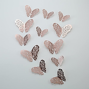 3D Butterfly Wall Stickers, Removable Metallic Wall Decals Fridge Sticker Room Mural Decoration for Kids Bedroom Nursery Classroom Party Wedding Decor DIY Gift, Rose Gold, 36Pcs