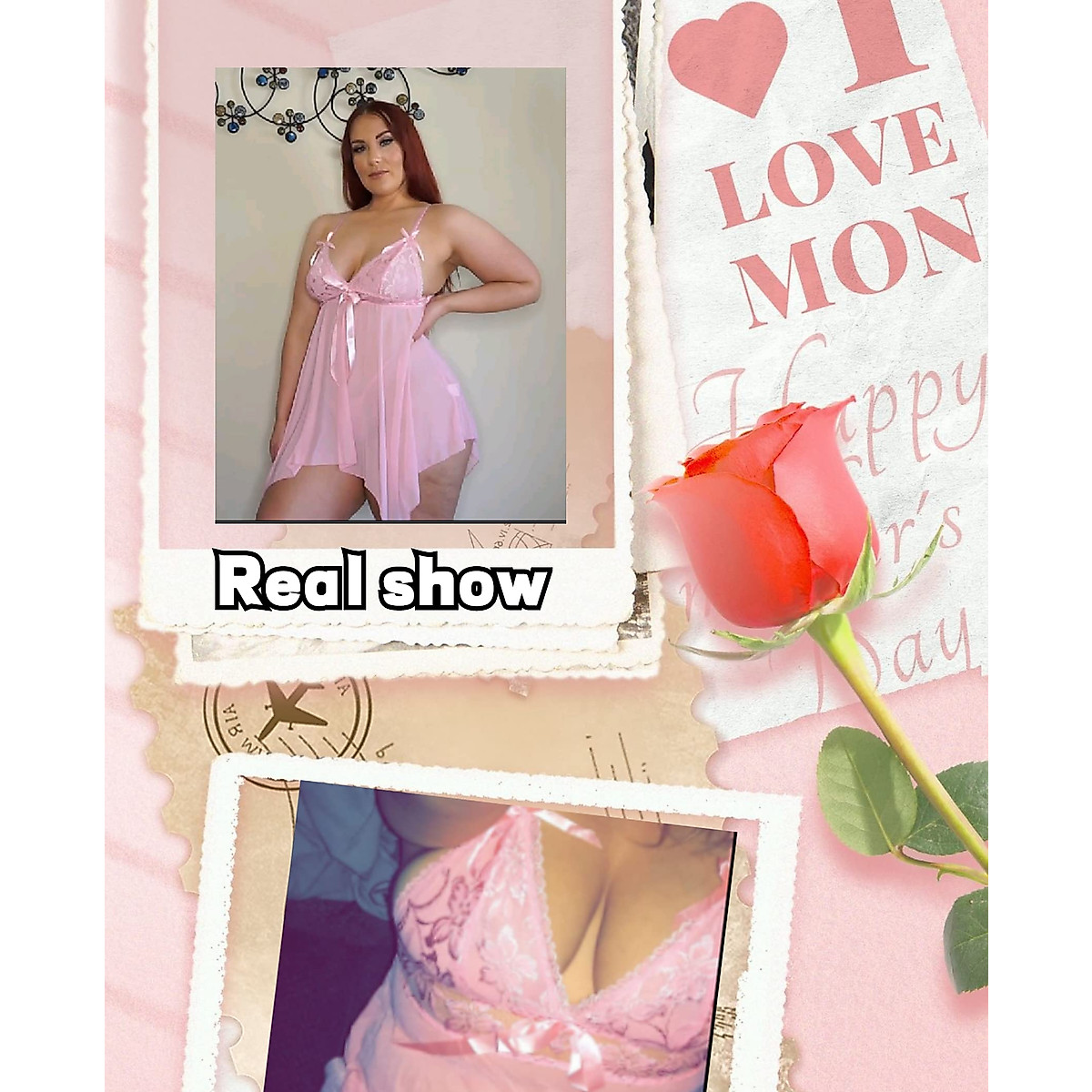 Avidlove Lingerie for Women V Neck Sleepwear Mesh Negligee Sexy Babydoll Dress(Pink,L)