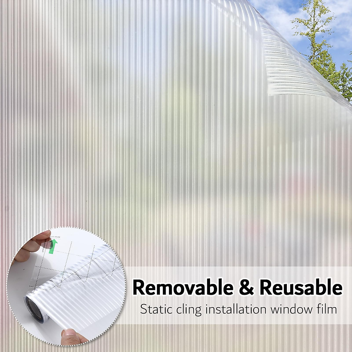 VELIMAX Reeded Glass Privacy Film, Frosted Window Vinyl, 3D Decorative Window Decals Non Adhesive for Bathroom, Living Room 17.7x78.7 inches