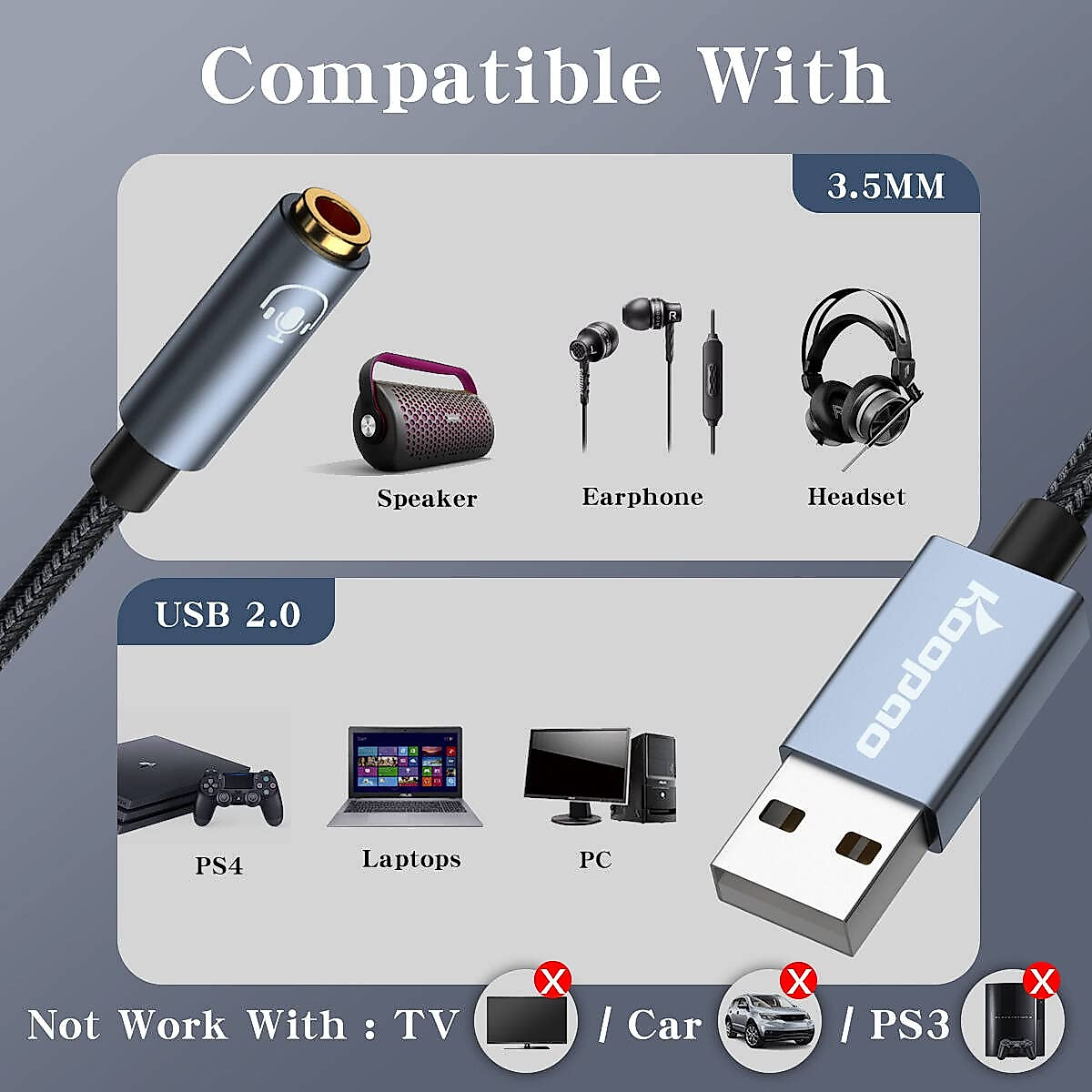 USB to 3.5mm Jack Audio Adapter, KOOPAO 2in1 External USB Sound Card, 3.5mm Aux to USB to Audio Jack Sound Adapter Support CTIA OMTP Headphone TRRS Jack for PC Windows 10 PS4 Laptop Mac