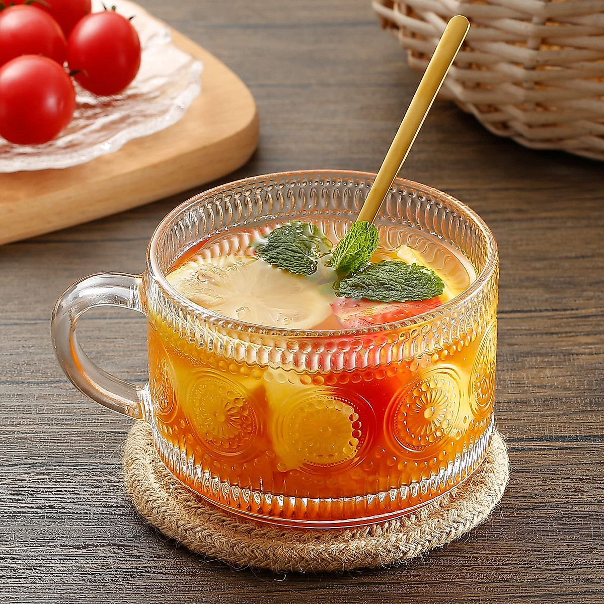 kickmove 4 Pack 14oz Glass Coffee Mugs with Spoons, Clear Embossed Vintage Cups for Latte,Cappuccino,Tea.Thanksgiving,Christmas,Valentine,Mother and Father's Day Gift for Family and Friends