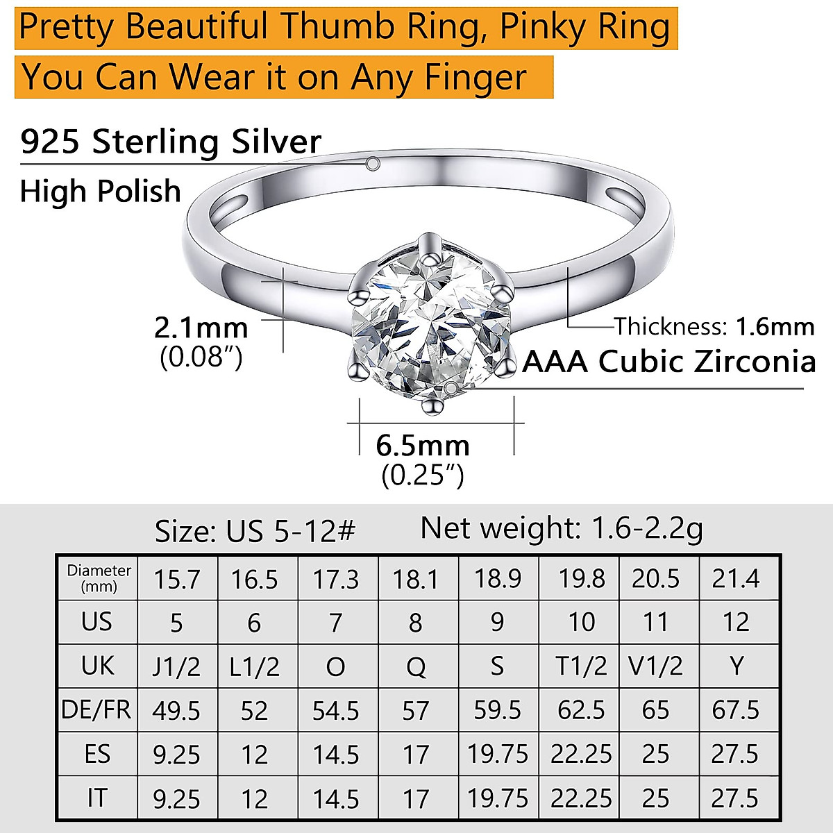PROSILVER Sterling Silver Wedding Band Solitaire Engagement Dainty Rings For Women Size 7 Cubic Zirconia Ring