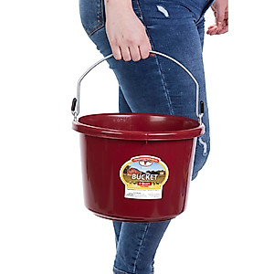 Little Giant® Plastic Animal Feed Bucket | Round Plastic Feed Bucket with Metal Handle | Made in USA | 8 Quarts | Burgundy