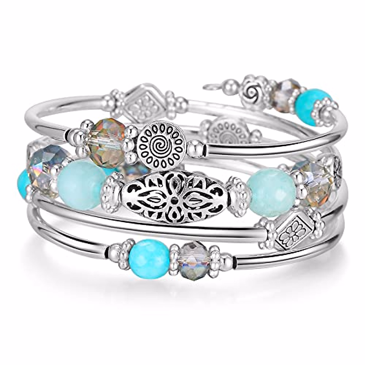 FULU AUTUMN Stackable Beaded Bracelets for Women Boho Wrap Silver Bracelet Layered Fashion Jewelry Gifts for Her (Turquoise)