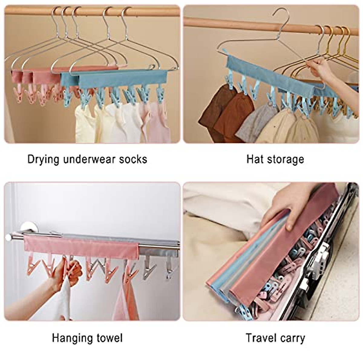 Klyuqoz Travel Hangers Foldable, Sock Hangers with Clips Pack of 2, with Travel Clothesline 9.8 ft, for Scarves Tie Socks Underwear Hat Travel Home Foldable, 2 Colors