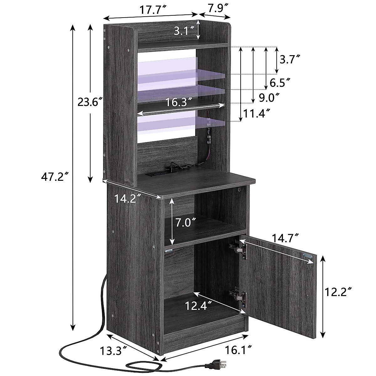 Clikuutory 47" Tall Nightstand with Charging Station & LED Lights, Large Nightstand with Adjustable Bookshelf, Modern Bedside Table with Storage Cabinet for Bedroom, Home Office, Grey