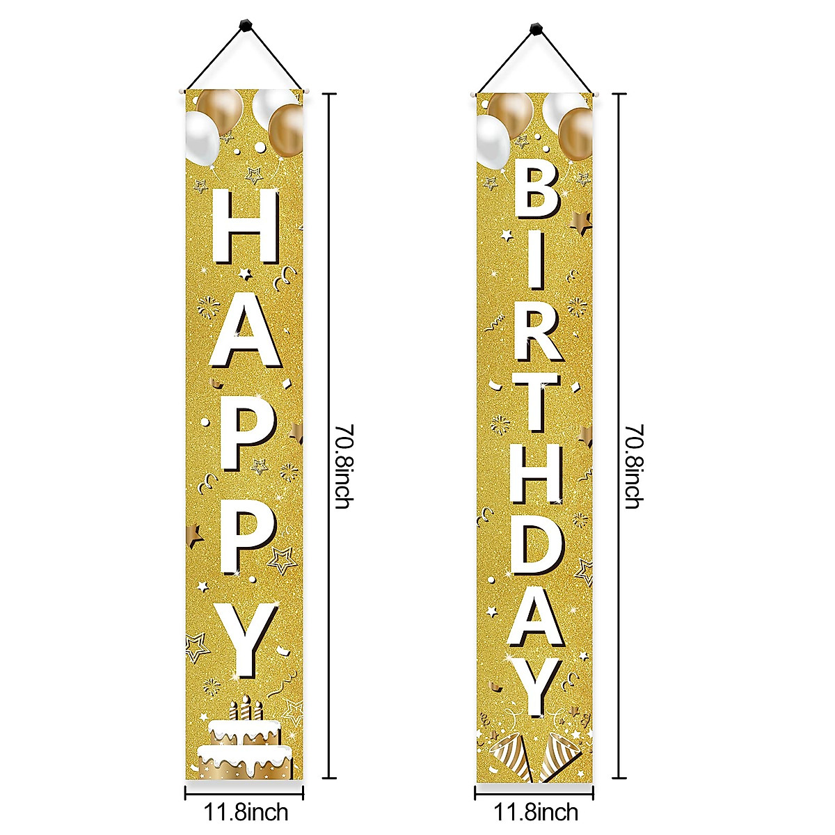 Gold White Happy Birthday Door Banner Decorations for Women Men, Golden Happy Birthday Porch Sign Party Decoration, White Gold 10th 16th 21st 30th 40th 50th 60th Bday for Outdoor Indoor