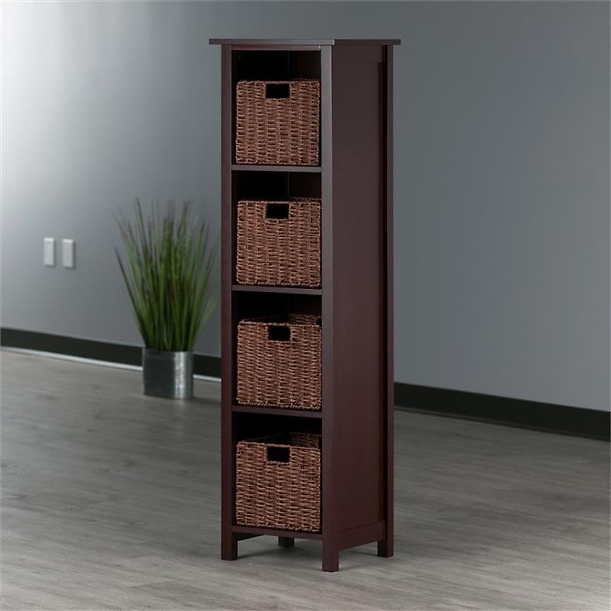 Winsome Wood Milan 5-Pc Storage Shelf with 4 Foldable Woven Baskets - Walnut