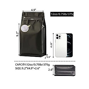 DMPACKDM Coffee Bags with Valve(12 oz,3/4 lb,50pcs) Black High Barrier Aluminumed Foil Flat Bottom Heat Sealed Coffee Beans Packaging Bags Side Zipper Resealable Bags for Home or Business