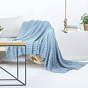 uxcell 100% Cotton Knitted Throw Blanket for Sofa and Couch Soft Lightweight Cable Knit Blanket Home Decors Blanket, Columbia Blue 50" x 60"