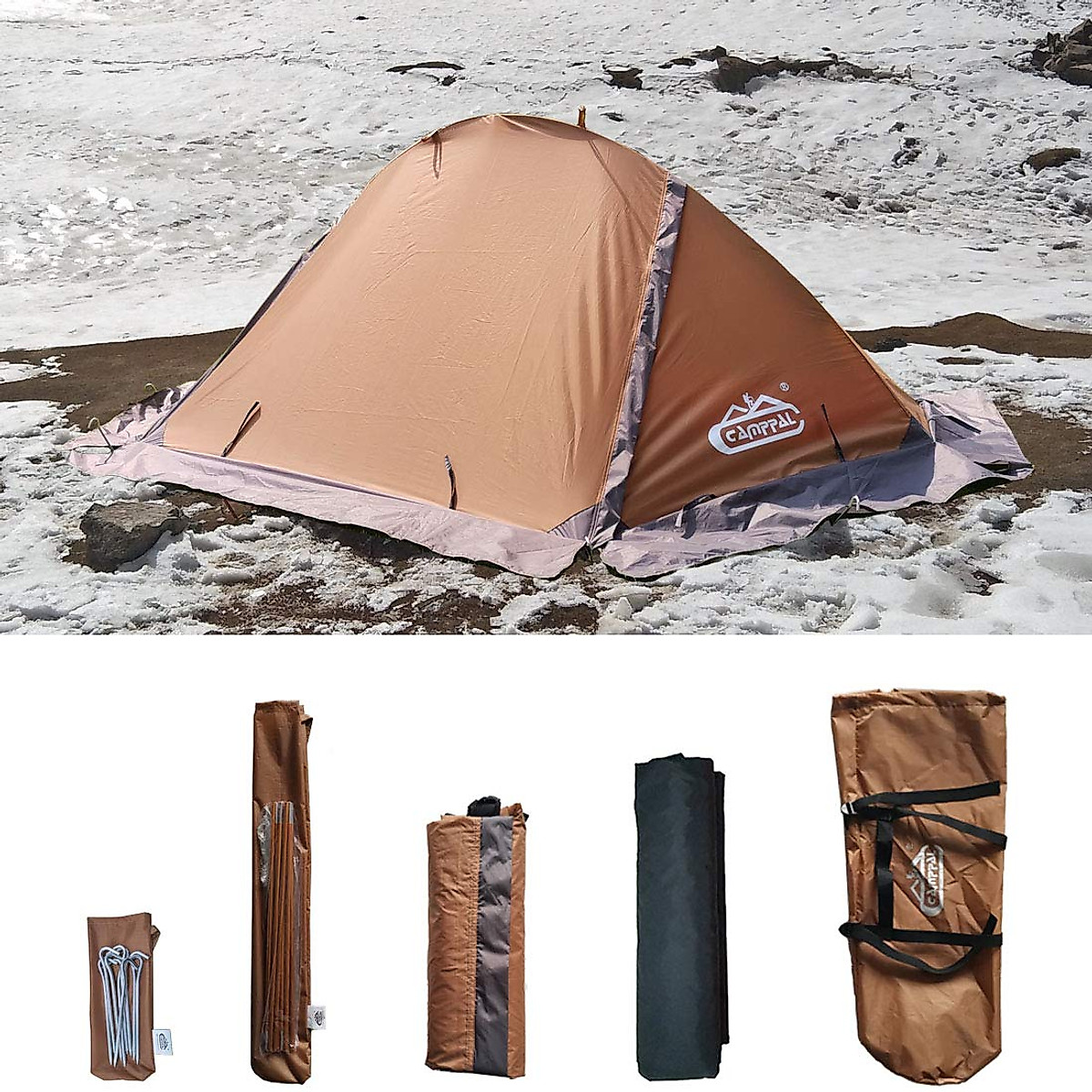 camppal 1 Person Tent Backpacking Camping Hiking Mountain Hunting Tent Lightweight and Waterproof for 4 Season Extreme Space Saving Single Bracket (Khaki-with skirt)