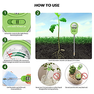 Soil Moisture Meter 4-in-1 Soil Ph Meter Water Monitor Soil Moisture/Light/Nutrients/pH Meter for Gardening Lawn Farming Indoor & Outdoor Promote Plants Healthy Growth No Batteries Required (Green)