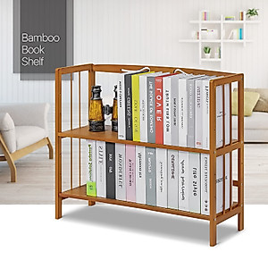 MoNiBloom Bamboo 2-Tier Bookshelf Bookcase Storage Organizer Plant Flower Stand, Utility Shelf Rack for Living Room Bathroom Balcony Table Home, Natural