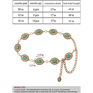 BEMYLV Turquoise Concho Belts for Women Western Gold Cowgirl Metal Belt Boho Waist Chains Dresses Jeans