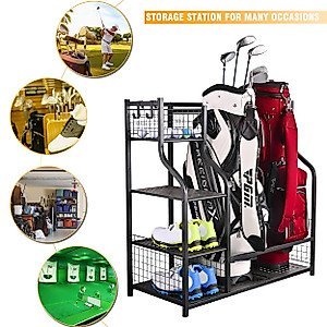SNAIL Golf Bag Garage Storage Organizer Extra Large Size Golf Bag Rack Stand Holder Fits 2 Golf Bags and Other Golfing Equipment Accessories, Metal Black Golf Club Storage for Garage Shed and Basement