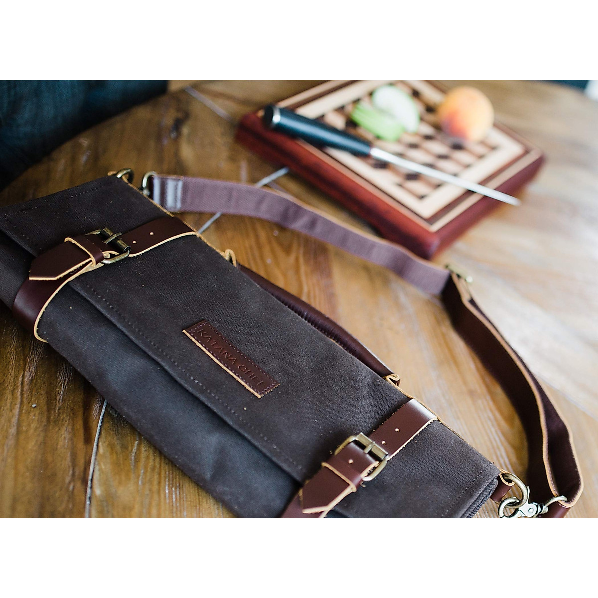 Chef's Knife Roll Bag | Extra Thick, Heavy Duty, Durable Waxed Canvas w/Cotton Liner | Stores 8 Knives plus Zipper Pocket | Portable Chef Knife Case with Leather Shoulder Strap | Knives Not Included