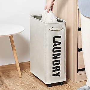 DOKEHOM 25-Inches Slim Laundry Basket on Wheels, Collapsible Rolling Laundry Hamper, Foldable Narrow Corner Clothes Storage Bins (Beige)