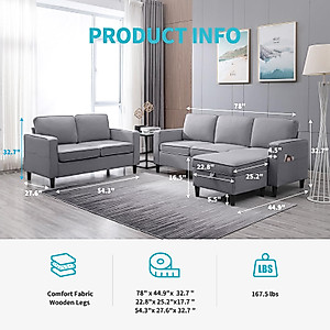 CECER 5 Seaters Upholstered Sectional Sofa, Linen Fabric Sofa Couch with Side Pockets, 3 Seater Couch and Chair with Movable Storage Ottoman, for Living Room-Sofa&Loveseat&Ottoman,Light Grey