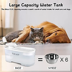 TICAIT Cat Water Fountain, 84oz/2.5L Automatic Pet Water Dispenser, BPA-Free, Ultra-Quiet Smart Pump with LED Light Water Bowl for Cats Dogs Multiple Pets (2 Filters Adapter)
