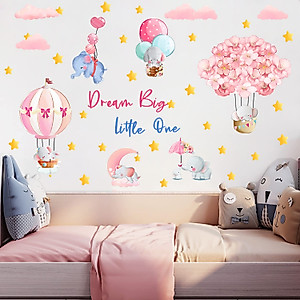 KOKOLAP Dream Big Little One Wall Stickers,Pink Elephant Wall Decals Nursery Decor,Flowers Hot Air Balloon Wall Sticker Baby Girl Room Decor,Cloud Stars Wall Decal for Kids Room Bedroom Playroom Decor