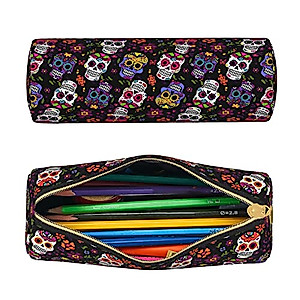 Aieefun Sugar Skull And Flowers Cylinder Pencil Case Holder Zipper Pen Bag Pouch Cosmetic Makeup Bag