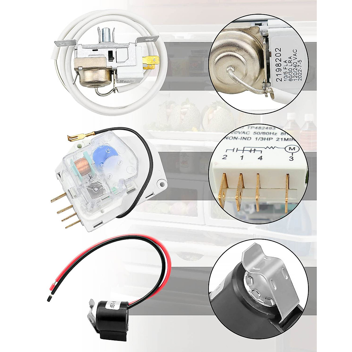 2198202 Cold Control Thermostat W10822278 Defrost Timer W10225581 Bimetal Thermostat Refrigerator Defrost Complete Kit Fit for Whirlpool Kenmore Refrigerators