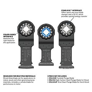 BOSCH OSL003VP 3-Piece 1-1/4 In. Starlock Oscillating Multi Tool Assorted Set Plunge Cut Blades for Mixed Applications in Metal, Wood, and Other General Purpose Materials