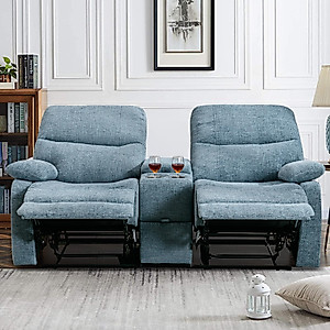 PALLOME Loveseat Recliner Sofa, Reclining Couch, Manual Recliner Loveseat with Console, Double Recliner RV Sofa with Cup Holders and Side Pocket for Living Room/Office/Apartment (Fabric-Blue)