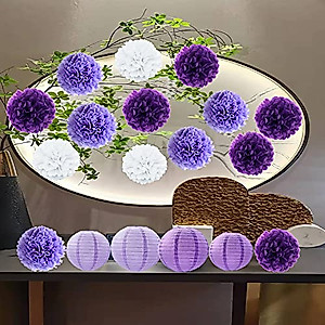 16Pcs of Tissue Paper Pom Poms Mixed Paper Lanterns Craft Kit, Suitable for Lavender Purple Theme Party/ Baby Shower /Birthday Party Decoration/Bridal Shower/Wedding Party Decoration （Purple）
