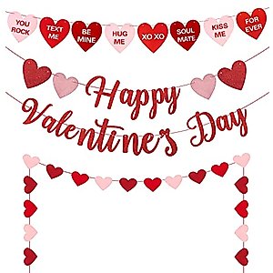 Happy Valentines Day Banner, Red & Pink Heart Garland Valentines Day Garland Conversation Hearts Decorations for Valentines Day Decor, Wedding Engagement Anniversary Party Home Fireplace Decorations