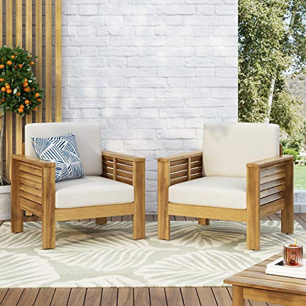 Christopher Knight Home Louver Club Chairs, Teak + Cream