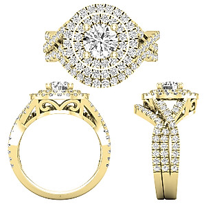 Dazzlingrock Collection IGI Certified 2.05 Carat (Ctw) Round Lab Grown White Diamond Women Double Halo Split Shank Swirl Engagement Ring with Matching Wedding Band 2 CT in 14K Yellow Gold, Size 9