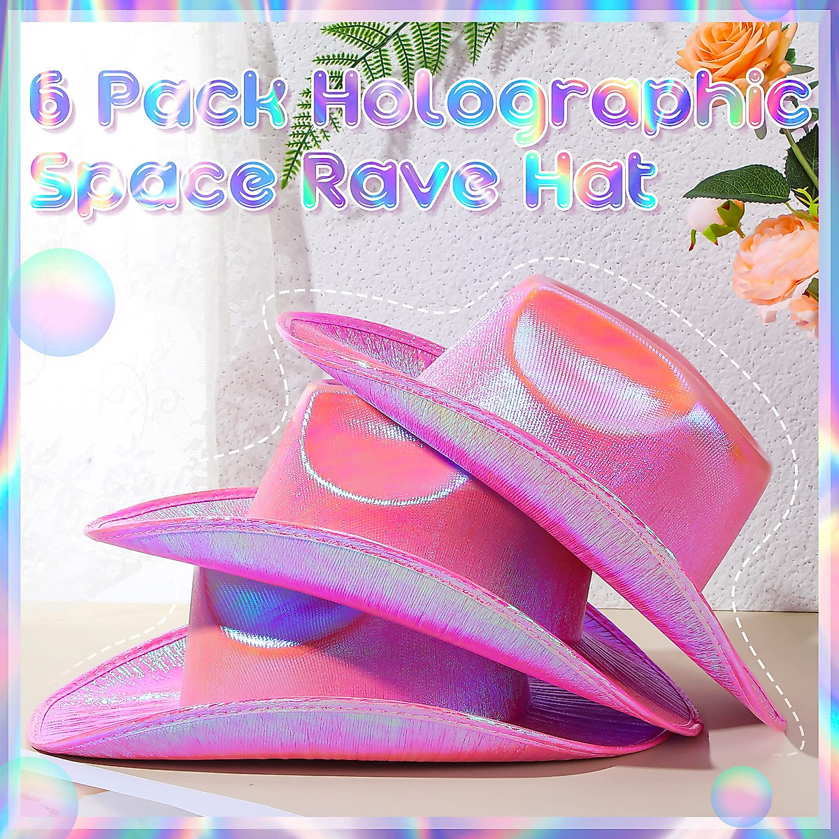 Geyoga 6 Pcs Holographic Pink Cowboy Hats Neon Sparkly Space Cowgirl Hats Glitter Cowboy Hats for Women Disco Party Costume