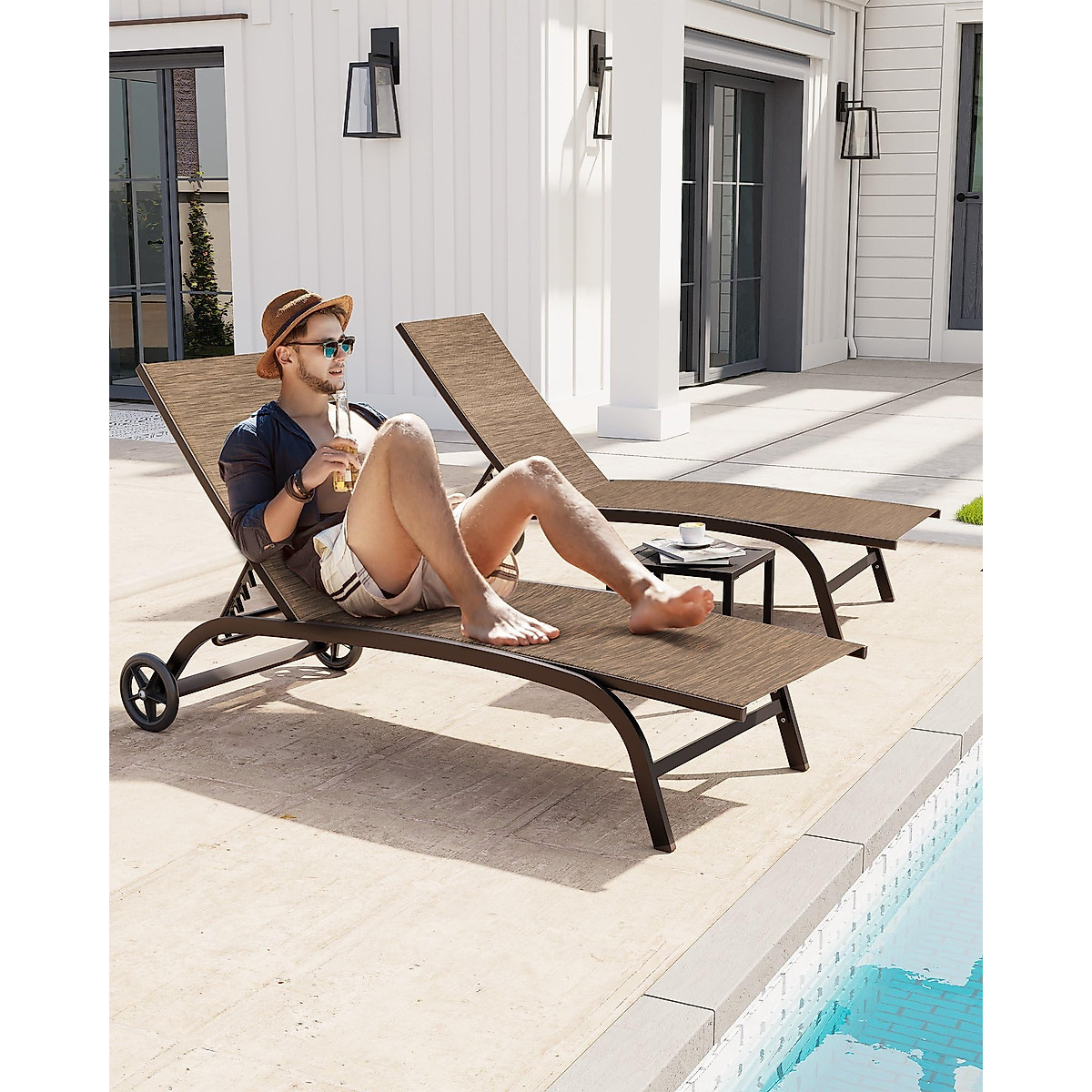 Crestlive Products Outdoor Chaise Lounge Chairs with Wheels Set of 3, Pool Lounge Chairs with 5 Adjustable Position for Patio, Poolside, Yard, Brown