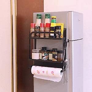 PENGKE Magnetic Spice Rack Organizer 2 Tier Refrigerator Storage Shelf with Paper Towel Holder and Removable Hooks,Strong Rustproof Magnetic Shelf,Black