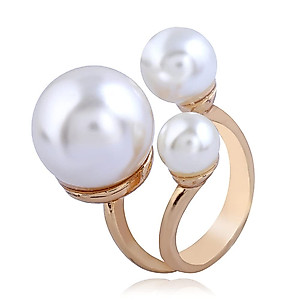 3 Pearls Promise Ring for Women Girls Statement Expandable Adjustable Big Imitation Pearl Ball Open Band Wrap Rings Comfort Fit Engagement Wedding Mother's Day Christmas Jewelry Size 7-9