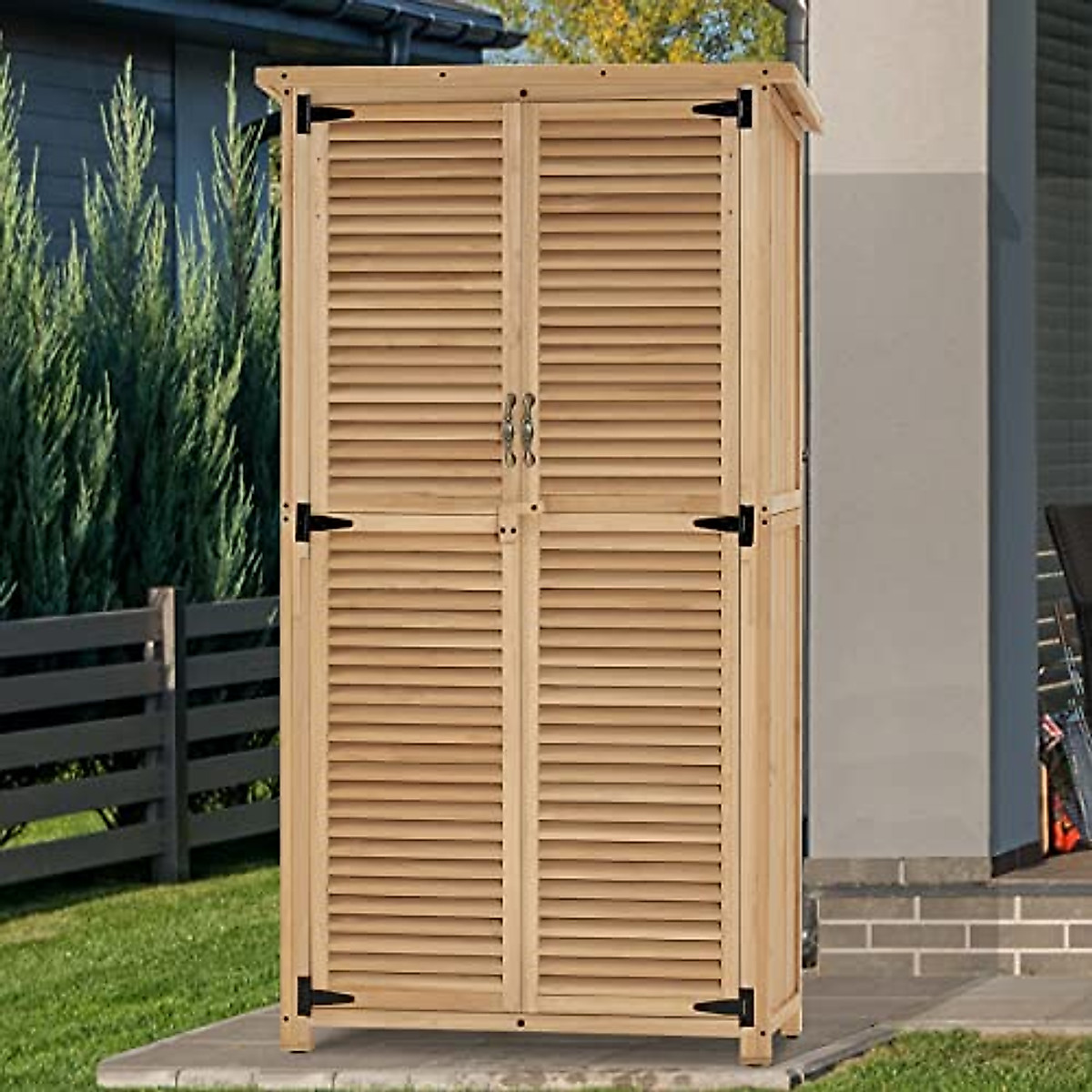 MCombo Outdoor Wooden Storage Cabinet, Garden Tool Shed with Latch, Outside Tools Wood Cabinet with Double Doors for Patio 0808