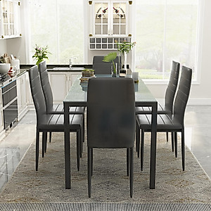 DKLGG 7 Piece Dining Table Set for 6, Glass Dining Room Table Set with 6 PU Leather Chairs, Modern Kitchen Table and Chairs Set of 6 for Small Space, Apartment