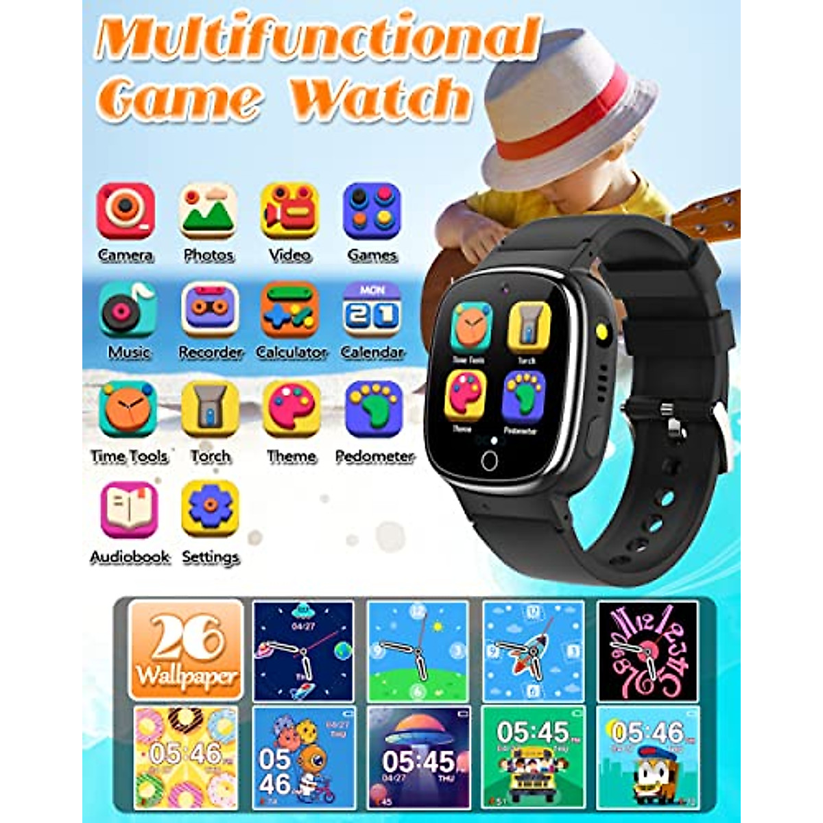 Waterproof Kids Smart Watch Boys Gifts for 3-12 Year Old Girls Kids Watches with 24 Puzzle Games HD Touchscreen Video Camera Music Player Pedometer Story Books Flashlight 13 Alarm Clock Learning Toys