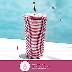 Paris Hilton Diamond Bling Water Tumbler With Lid And Straw, Vacuum Insulated Stainless Steel, Bedazzled With Over 3700 Rhinestones, 16.9-Ounce, Pink