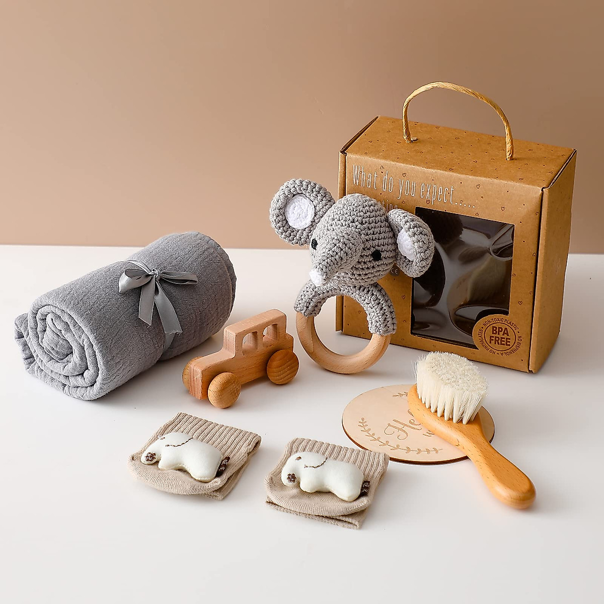 OESSUF New Born Baby Gift Basket, Baby Boys Girls Shower Gifts with Wooden Elephant Rattles, 6PCs Newborn Essentials Bath Set with Baby Brush,Blanket,Milestones Cards