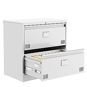 Lateral File Cabinet with Lock, 2 Drawer Metal File Cabinets for Home Office Hanging Letter/Legal/F4/A4, Metal Horizontal File Cabinet with Card Slot for Easy Organization(White)