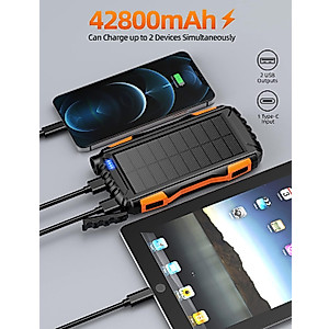 Power-Bank-Solar-Charger - 42800mAh Portable Charger,Solar Power Bank,External Battery Pack 5V3.1A Qc 3.0 Fast Charger Built-in Super Bright Flashlight (Orange)