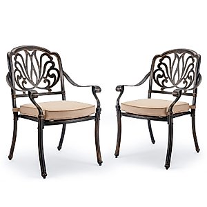 Attliahome 2-Pack Outdoor Cast Aluminum Dining Chairs Set - All-Weather Patio Chairs with Removable Cushions and Armrests and Backrests for Bistro, Restaurant, Garden, Backyard