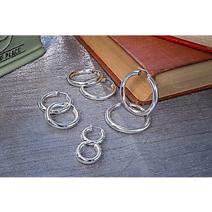 LOVVE Sterling Silver High Polished Round-Tube Click-Top Chunky Thick Hoop Earrings, 5x40mm